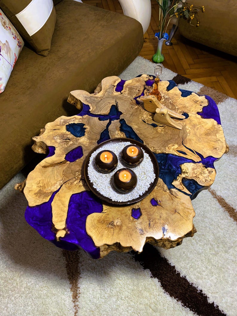 Customizable Live Edge Olive Wood Coffee Table: Blue Purple Epoxy River ...