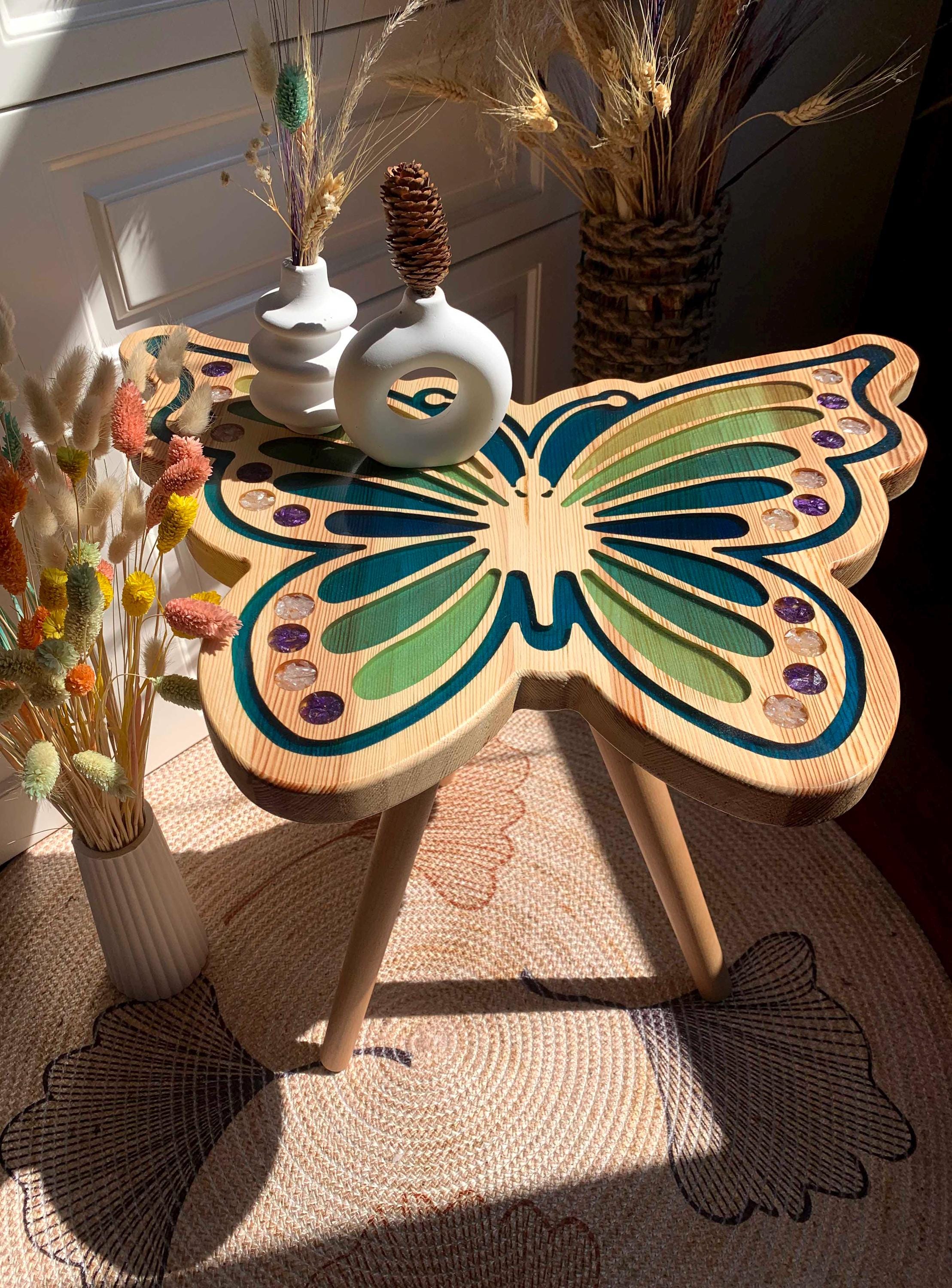 Hand Carved Wood Butterfly Coffee Table With Green Epoxy Natural Reclaimed Wood Side Table Colorful Coffee Table Handmade Wood Furniture Etsy UK