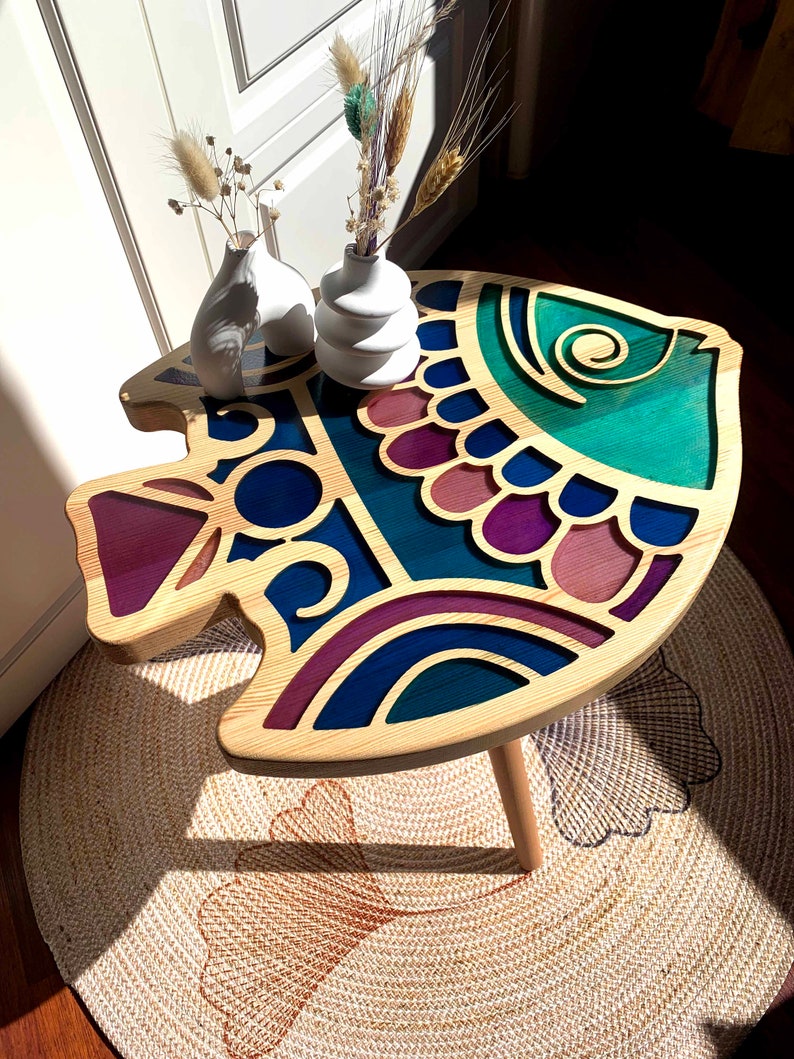 Handmade Wooden Resin Fish Figure Coffee Table - Wood Slab Fish Shaped ...