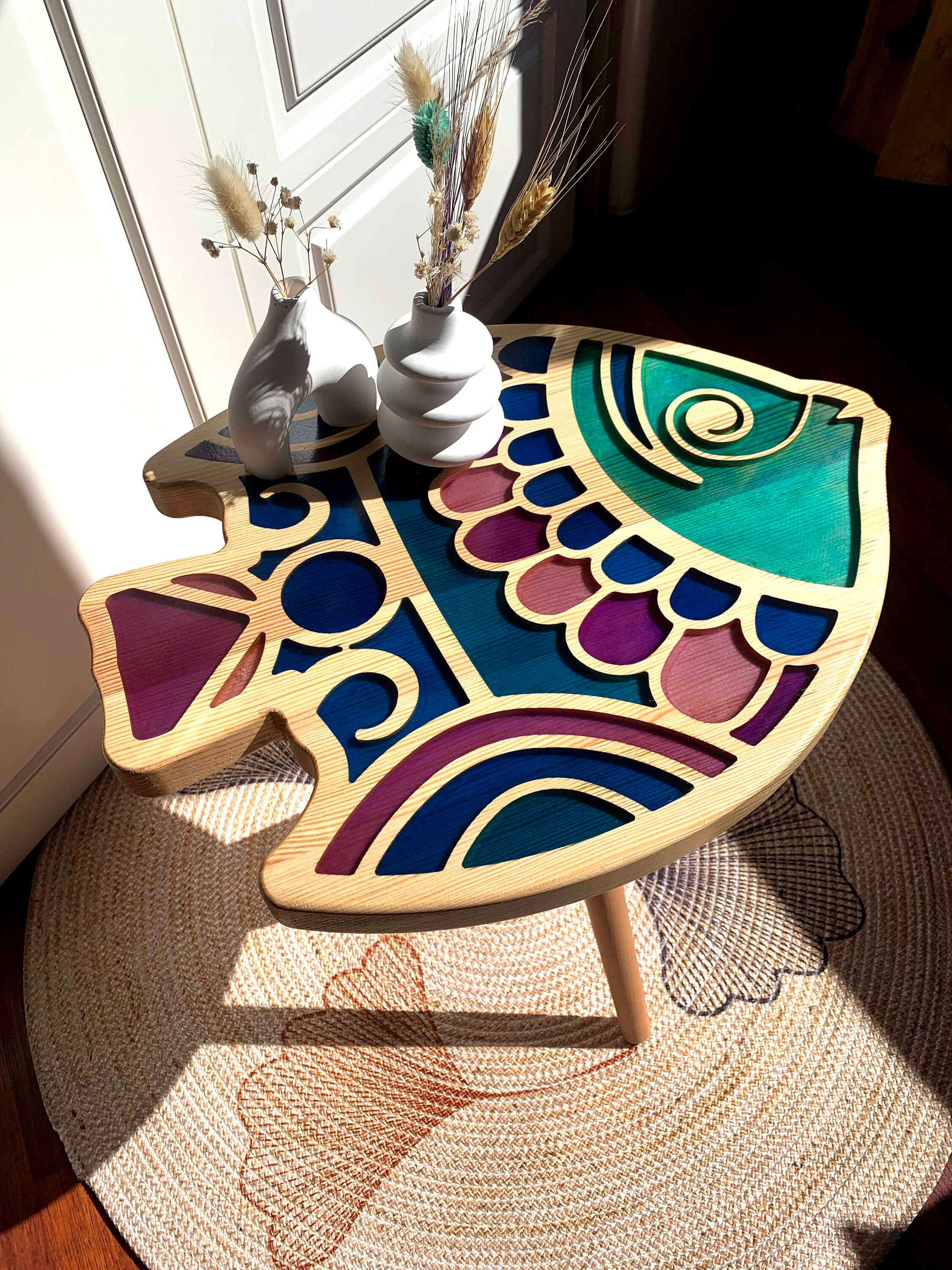 Handmade Wooden Resin Fish Figure Coffee Table Wood Slab Fish Shaped ...