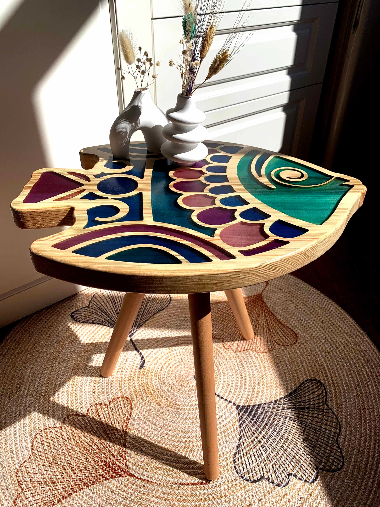 Handmade Wooden Resin Fish Figure Coffee Table - Wood Slab Fish Shaped ...