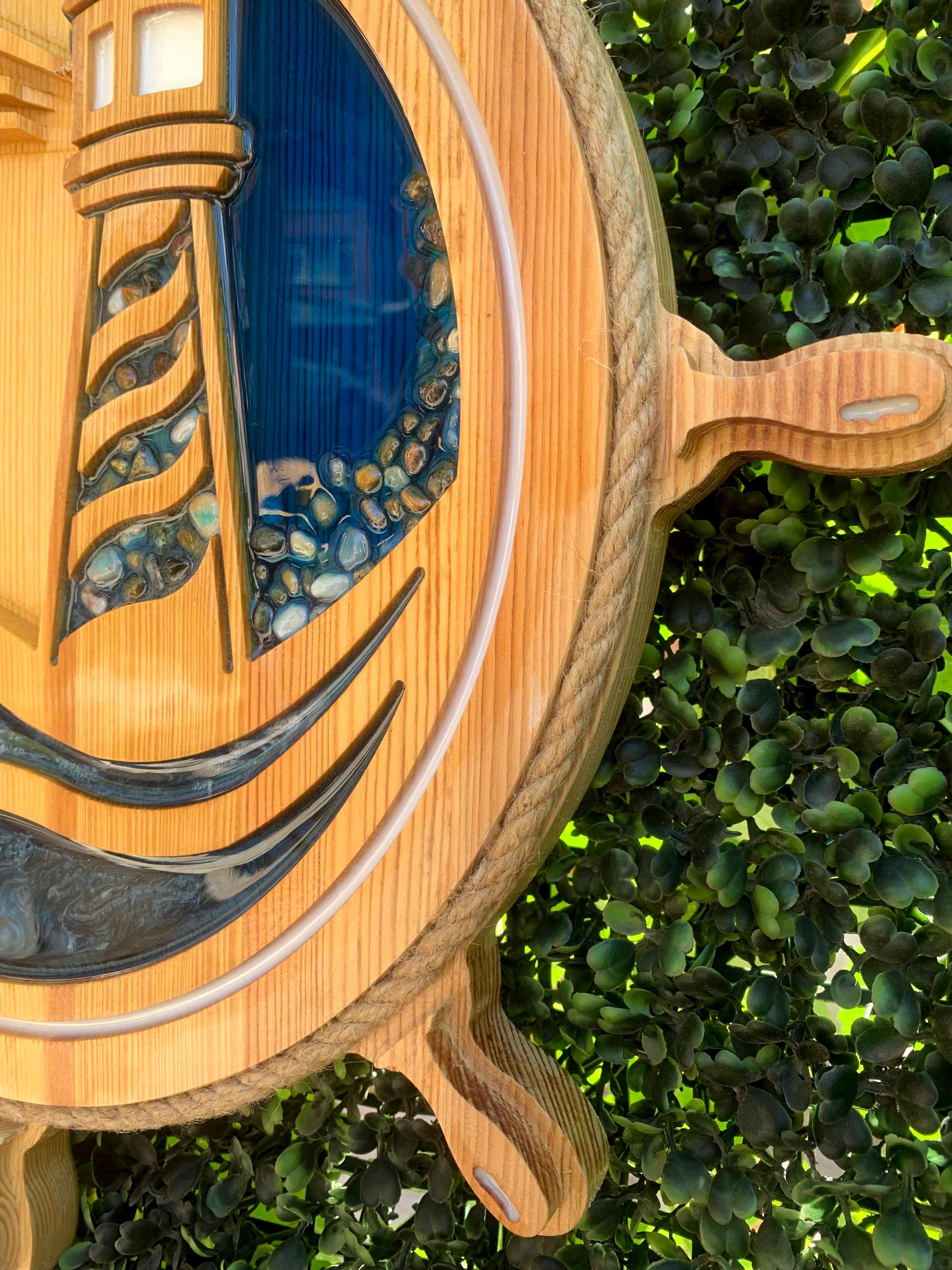 Nautical Welcome Sign: Wood Ship Wheel With Lighthouse & Resin Waves - Etsy
