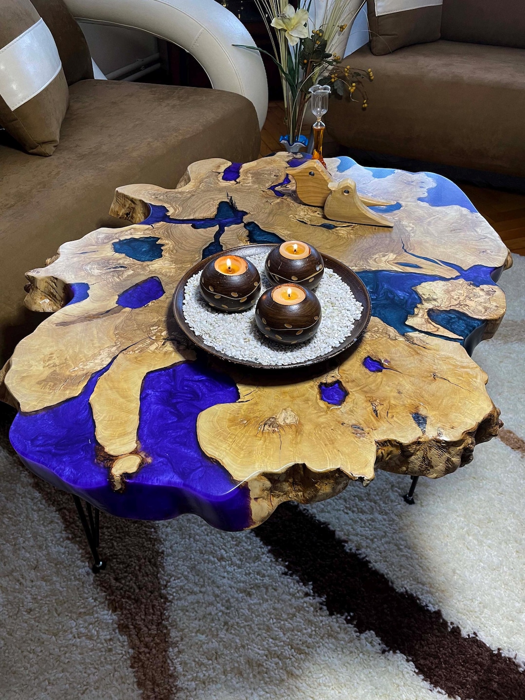 Customizable Live Edge Olive Wood Coffee Table: Blue Purple Epoxy River ...
