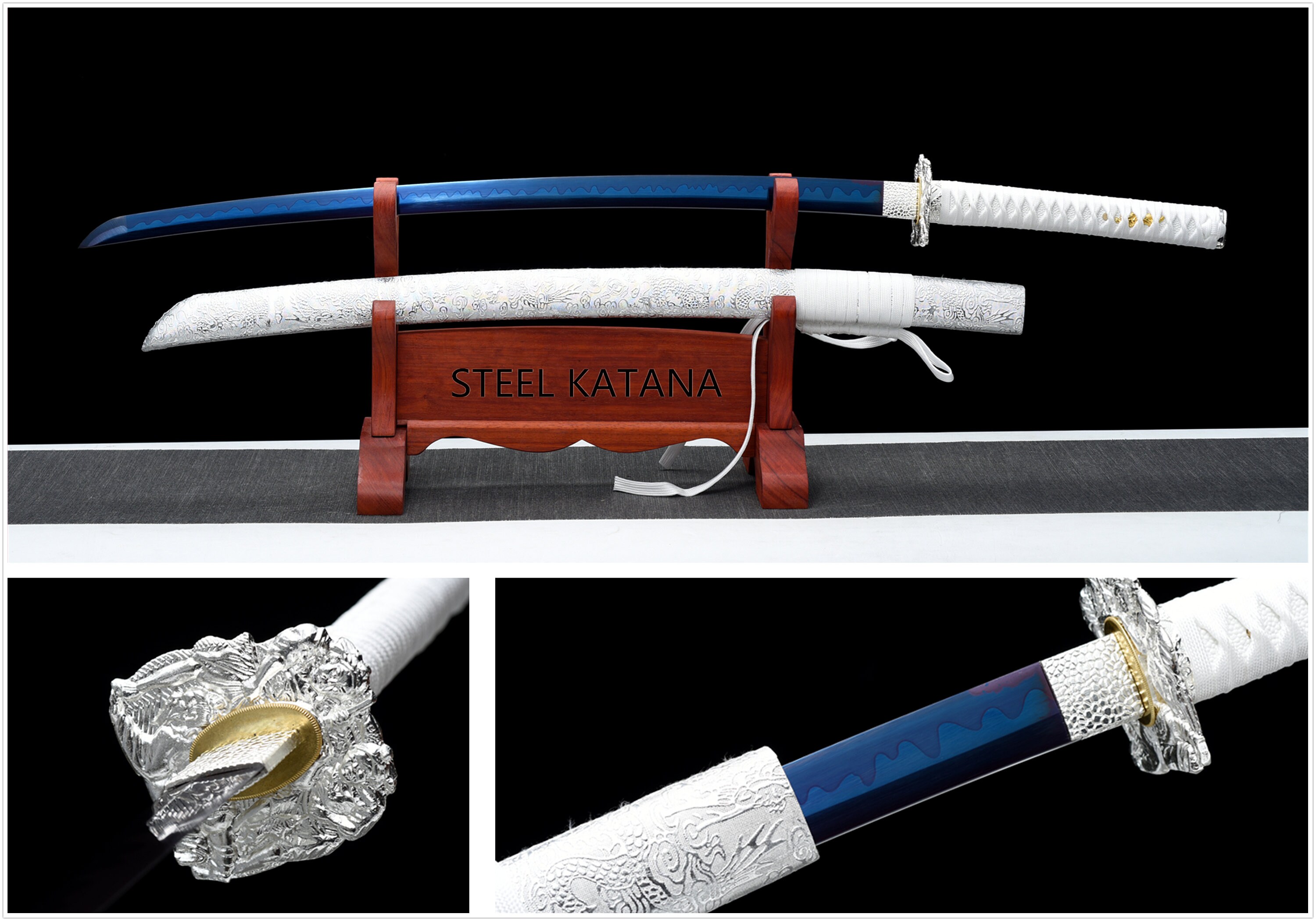 White Katana Hand Forged Baked Blue Blade Real Metal Samurai - Etsy
