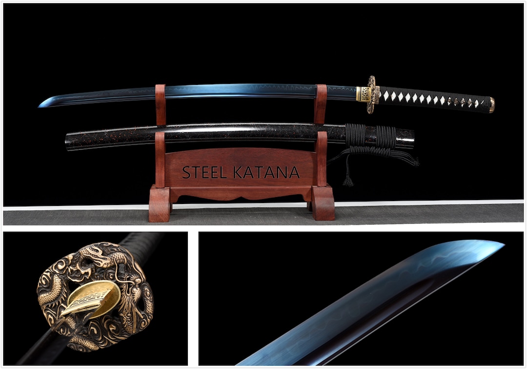 Buy Hand Forged T10 Carbon Steel Blade Black Katana, Clay Tempere Baked ...