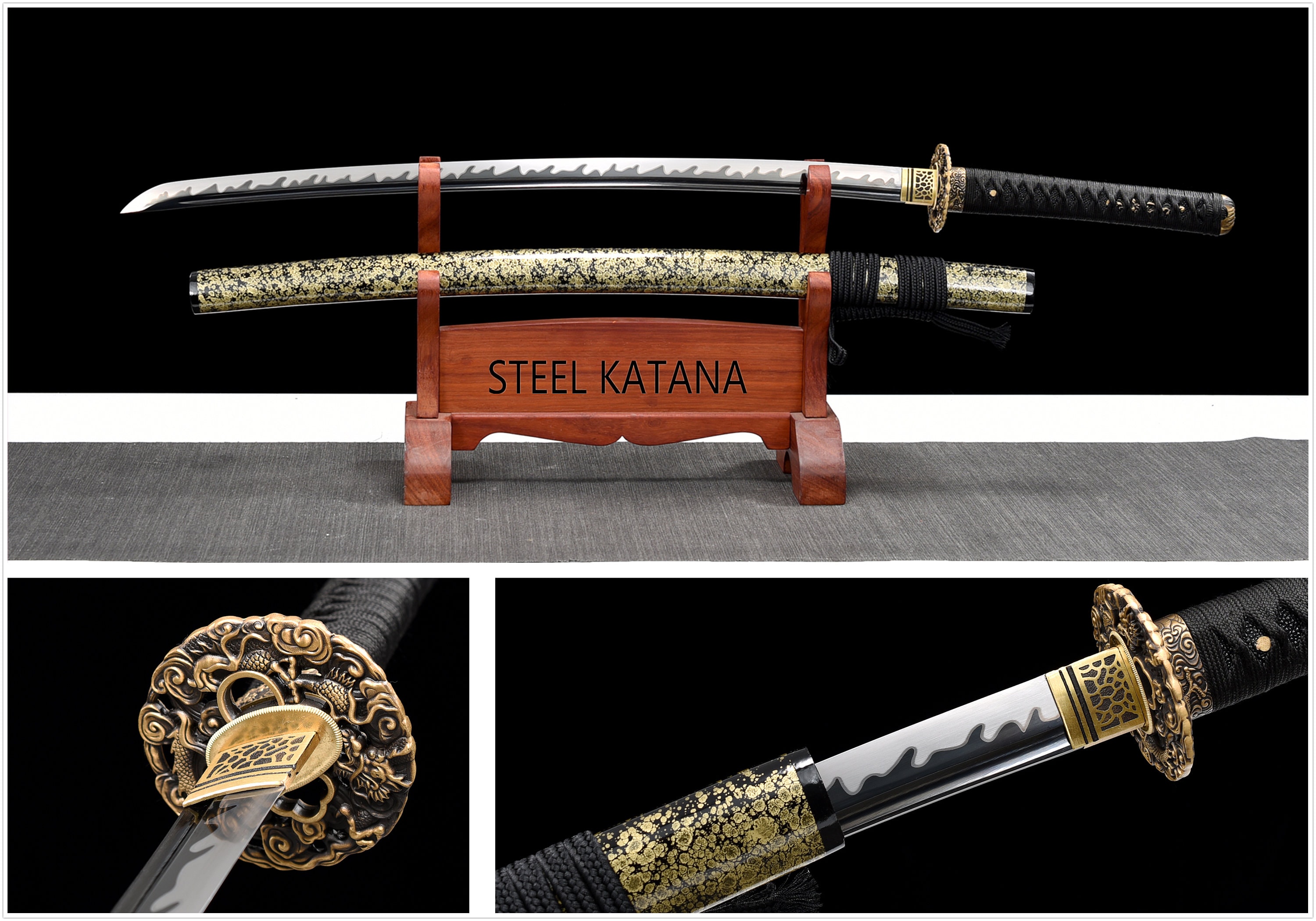 Gold Katana Hand Forged Baked Black Blade Real Metal Samurai - Etsy