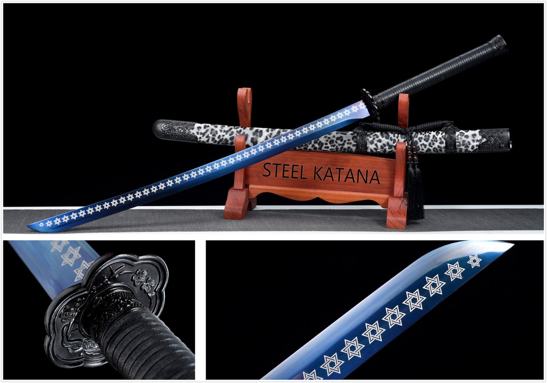Leopard Print Katana, Embroidered Spring Knife With Blue Blade, Ninja ...