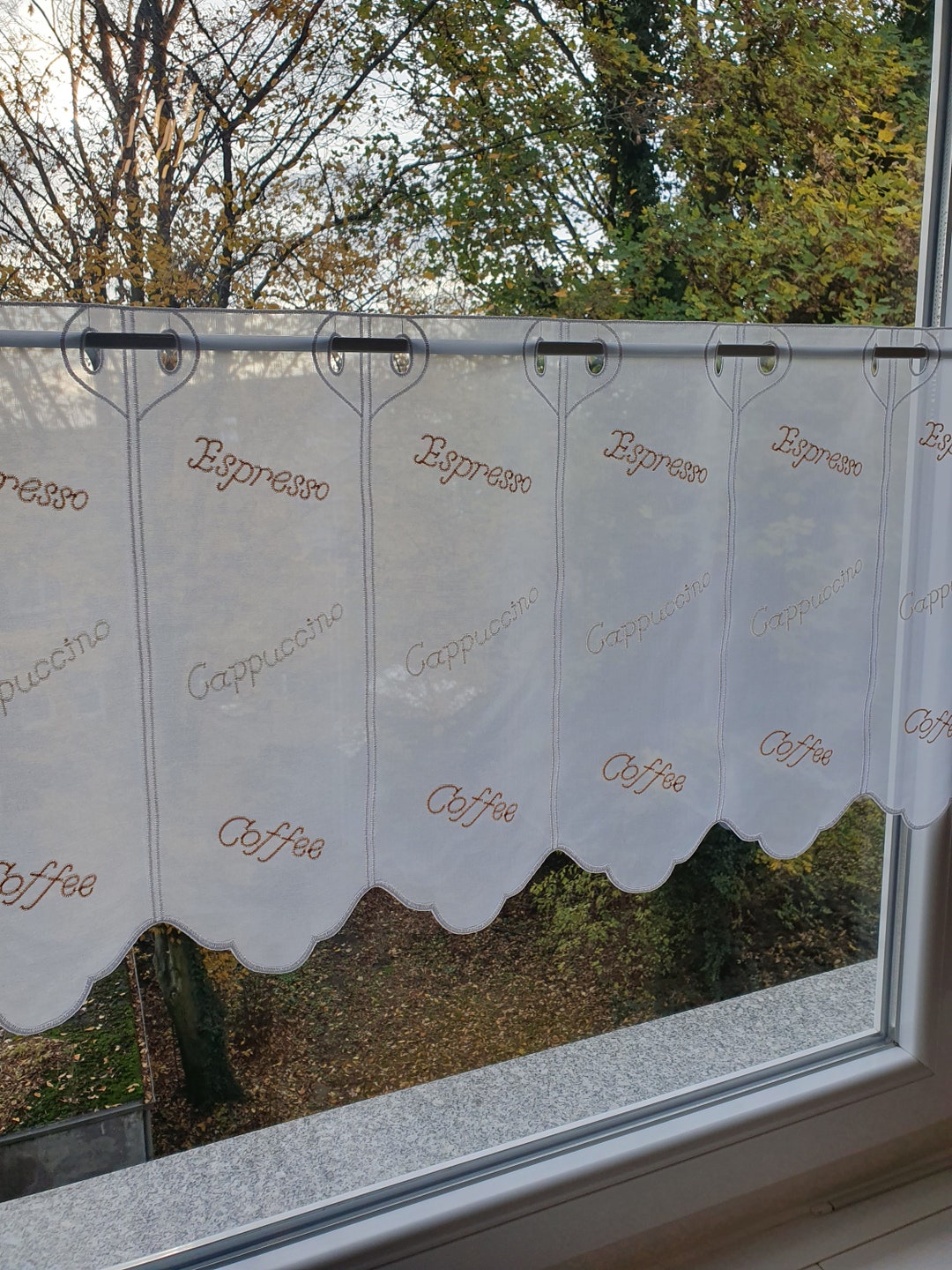Café Style Curtain White Voile Panel Embroidered Curtain Espresso ...