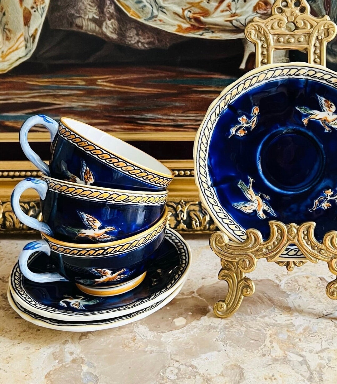 Vintage Gien Faience Cup and Saucer Set: Renaissance Cobalt Blue - Etsy