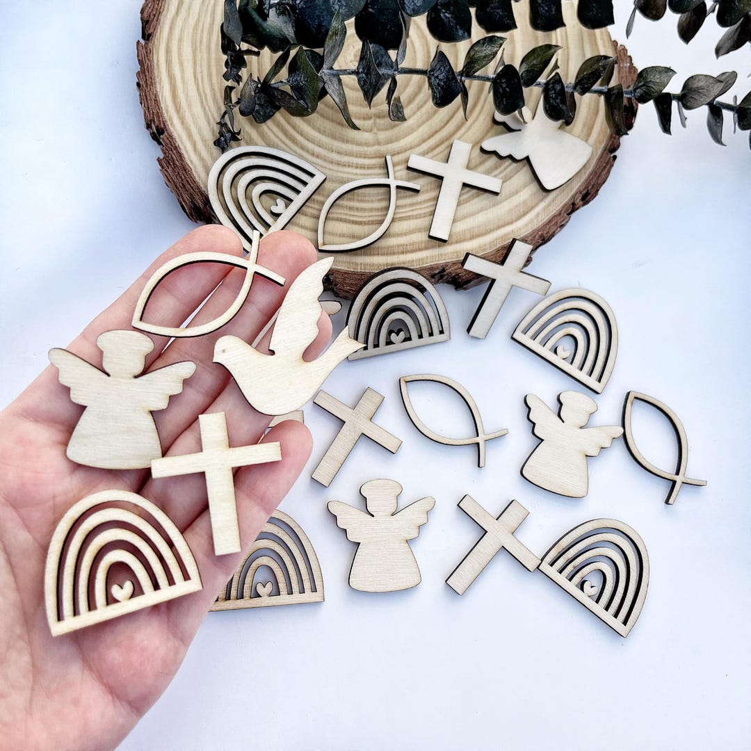 Wooden Angel, Cross, Rainbow, Fish Tags: Baptism, First Communion Decor ...