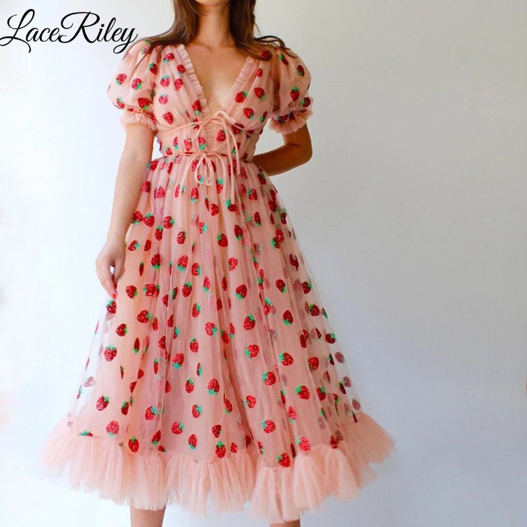 Pink Strawberry Prom Gown, Elegant Short Sleeves V Neck Ankle Length ...