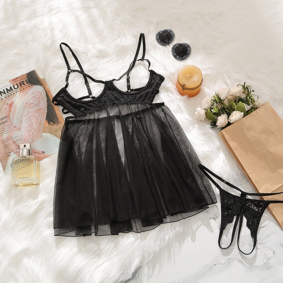 Satin Lace Dress Transparent Night Gown With Thongchemise - Etsy Canada