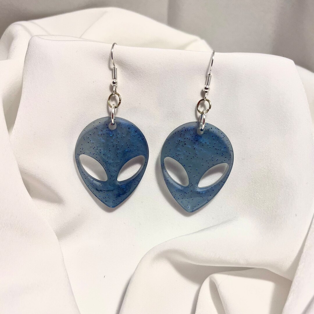 Blue Glitter Resin Alien Head Earrings - Etsy