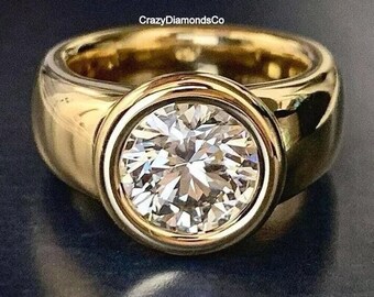 Solitaire Moissanite Wide Band Ring, 10mm Round Brilliant Cut ...