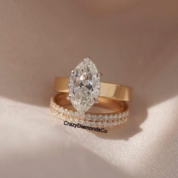 2.5CT Marquise Cut Moissanite Square Wide Band Solitaire Ring, Paired ...
