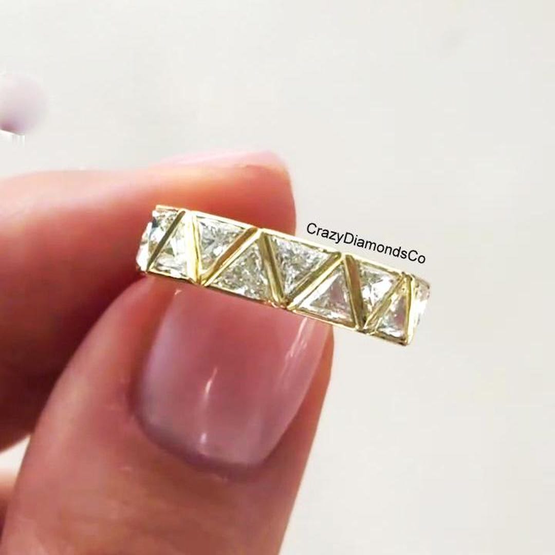 Midi Bezel Set Halfway Wedding Band With 4mm Triangle Shape Moissanite ...