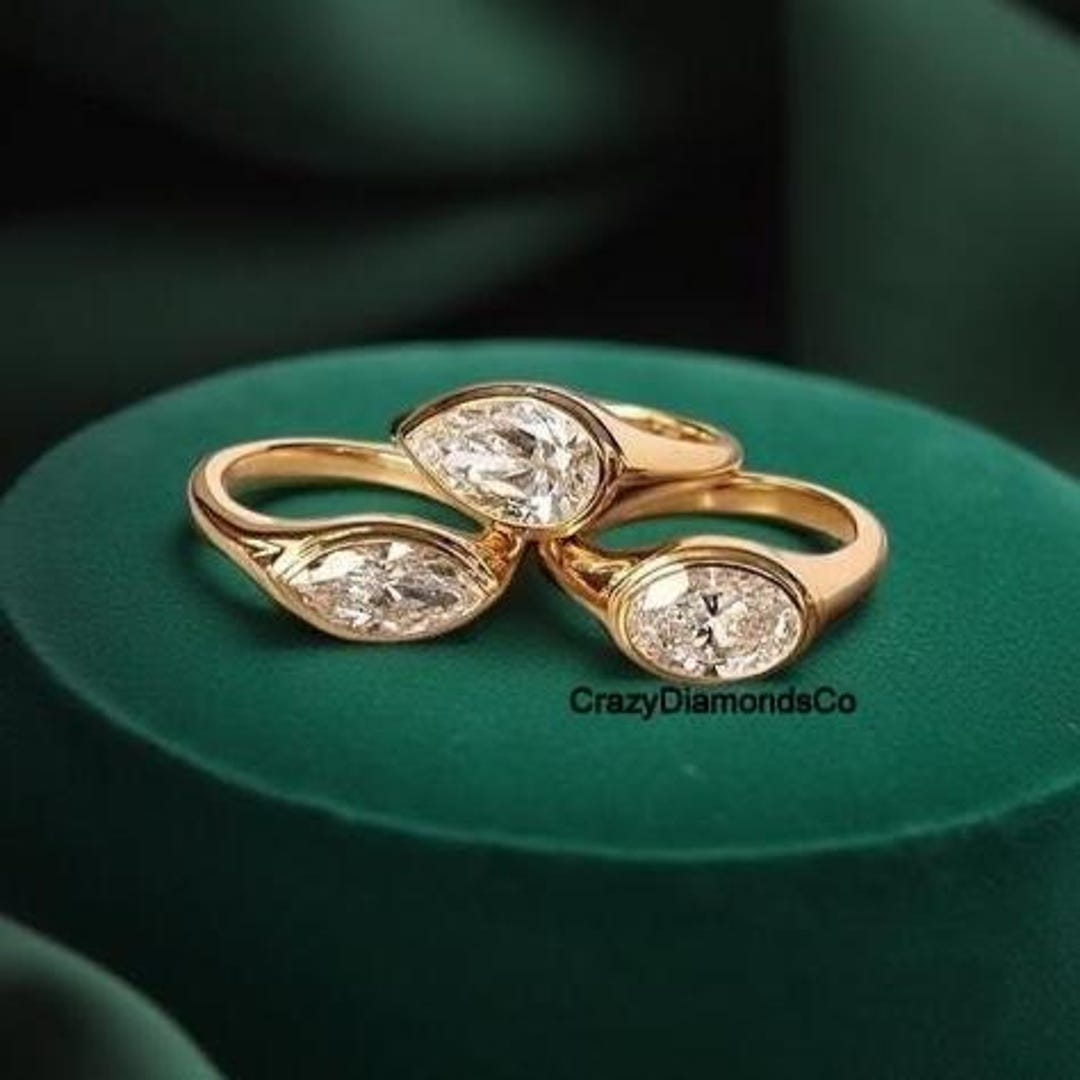 Signet Bezel Set Ring, Horizontal 3 CT Oval Cut Moissanite Diamond Ring ...