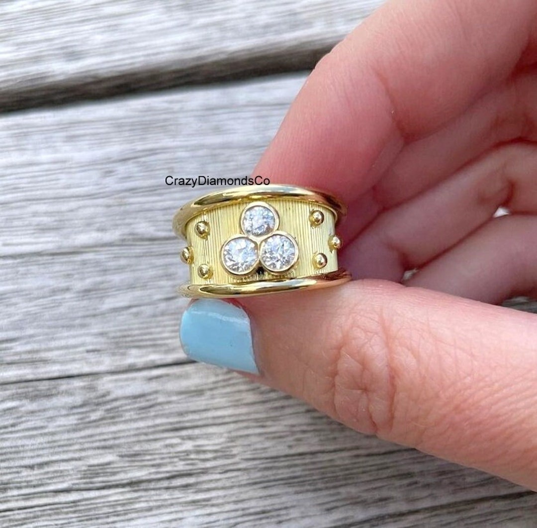 Bespoke Wide Band Ring, 4 MM Round Brilliant Cut Colorless Moissanite ...