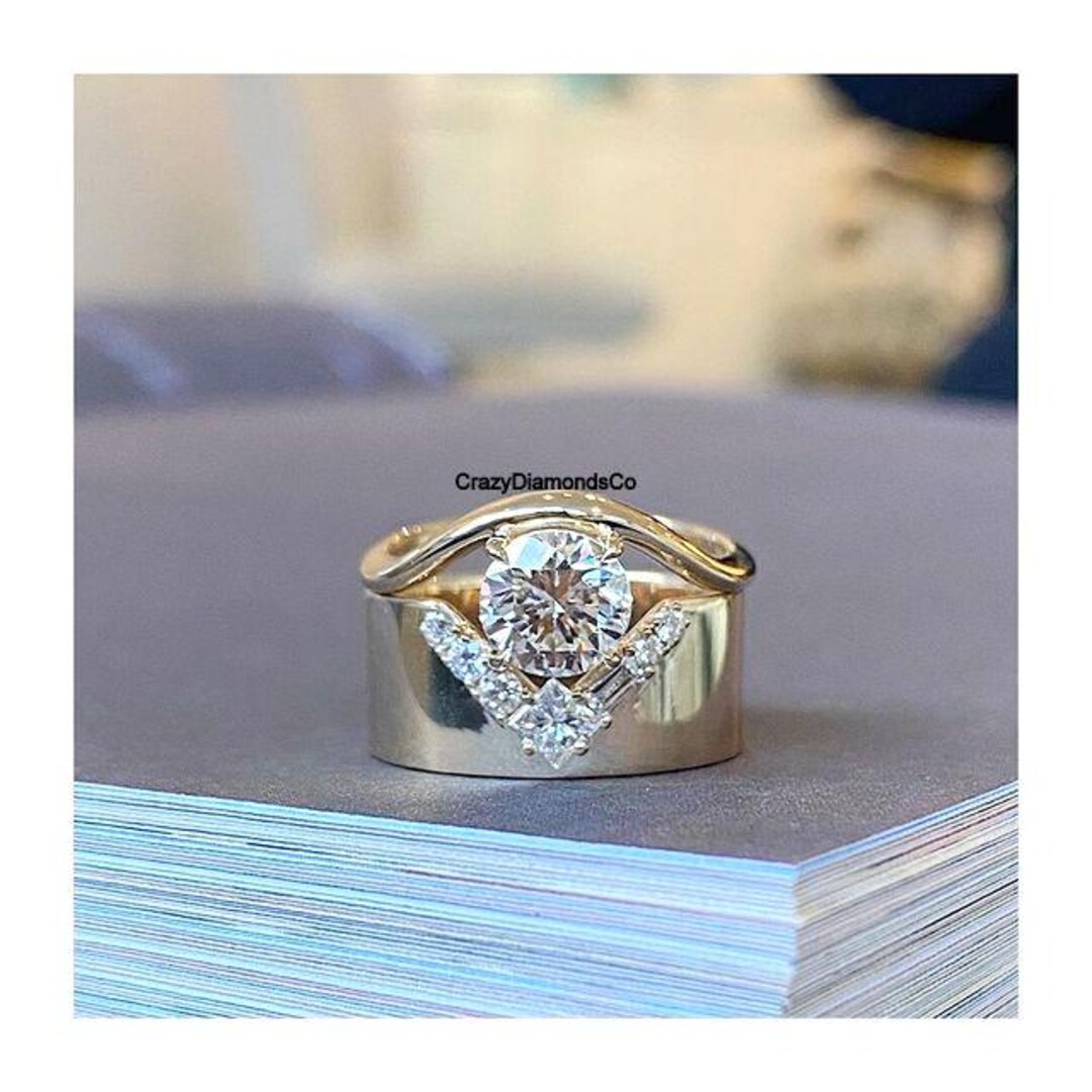 7mm Round Cut Eye Shape Ring, Elegant Bridal Wedding Set, With V Shape ...