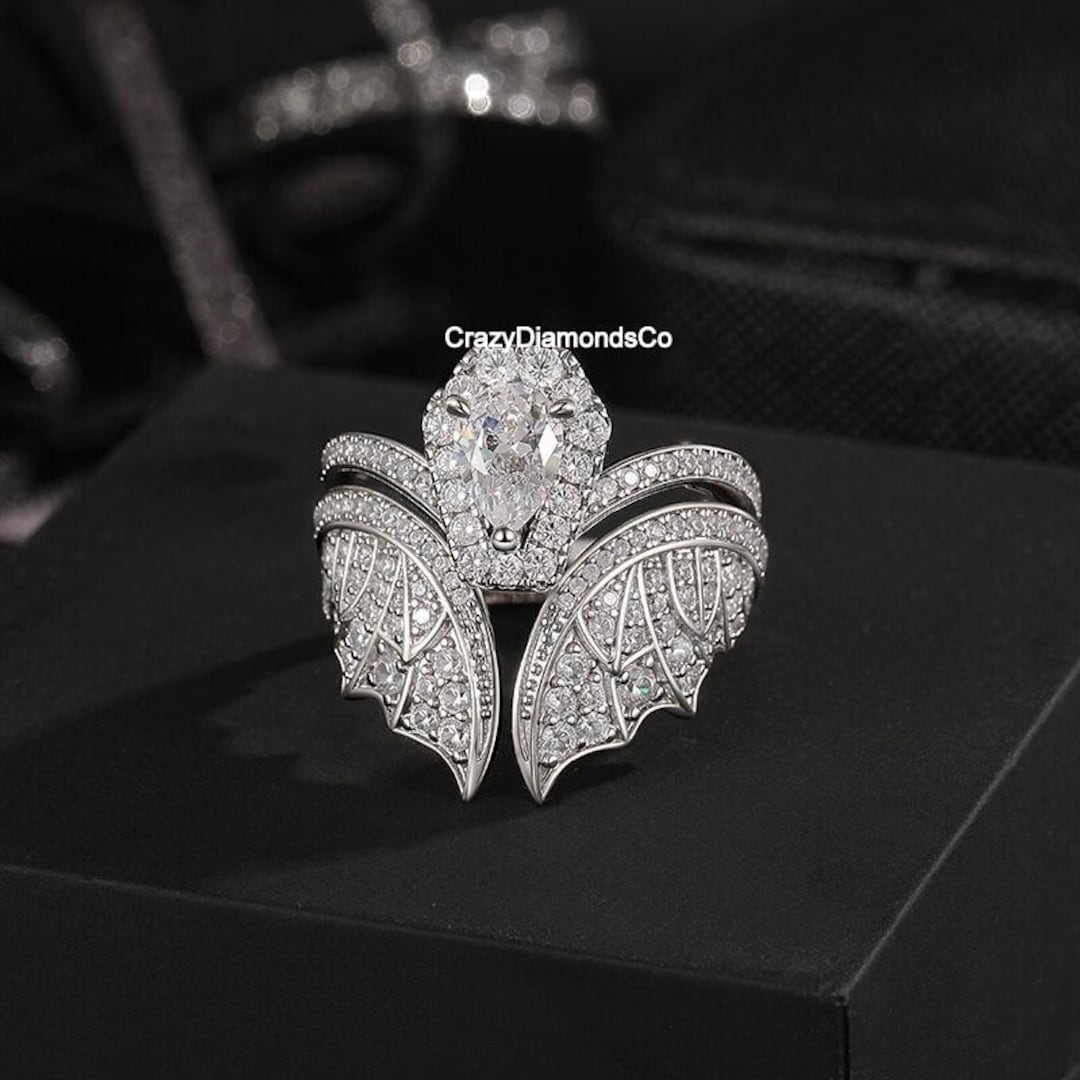 Unique Bat-shaped Coffin Bridal Ring Set, 1ct Pear Cut Moissanite Ring ...