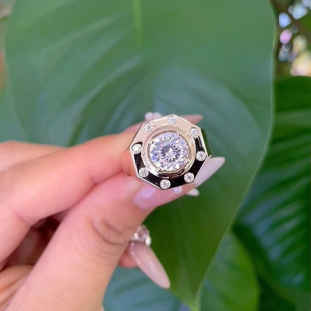 2CT Portuguese Cut Moissanite Men's Ring, Bezel Set Flush Setting Wide Band Ring, 14k Yellow ...