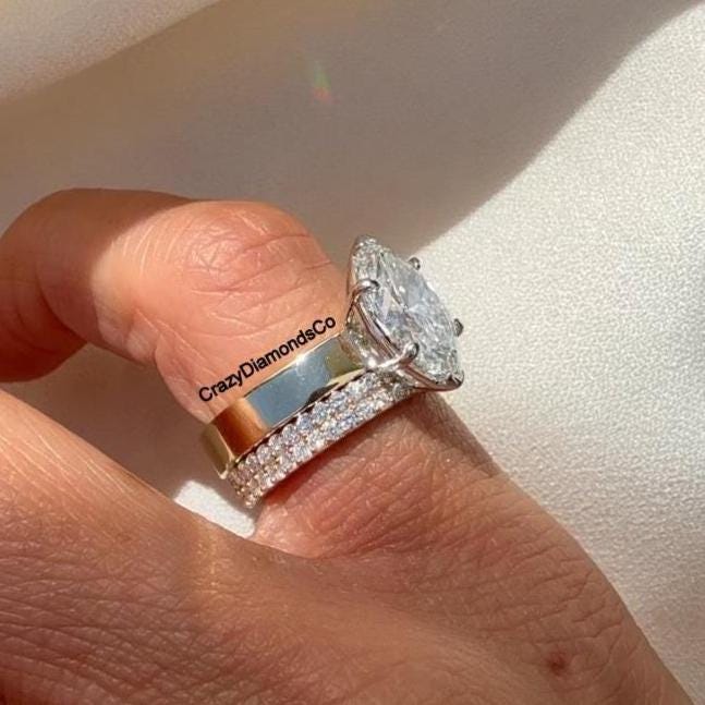 2.5CT Marquise Cut Moissanite Square Wide Band Solitaire Ring, Paired ...