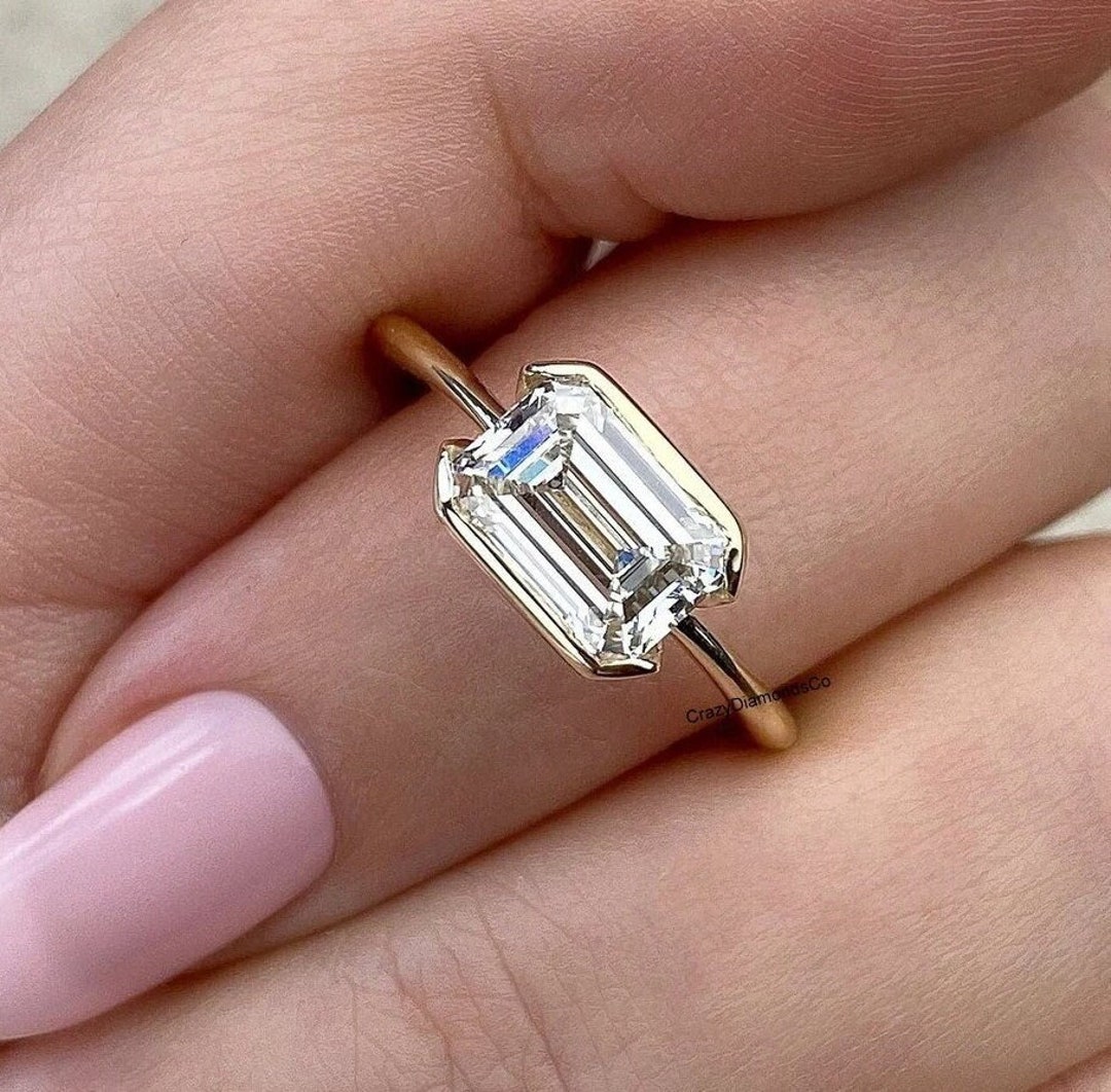 2.50 CT East West Emerald Engagement Ring, Emerald Cut Solitaire ...