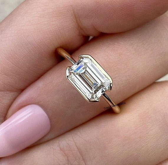 2.50 CT East West Emerald Engagement Ring Emerald Cut Solitaire Moissanite Ring Half Bezel Unique Diamond Ring Wedding Ring for Woman Etsy