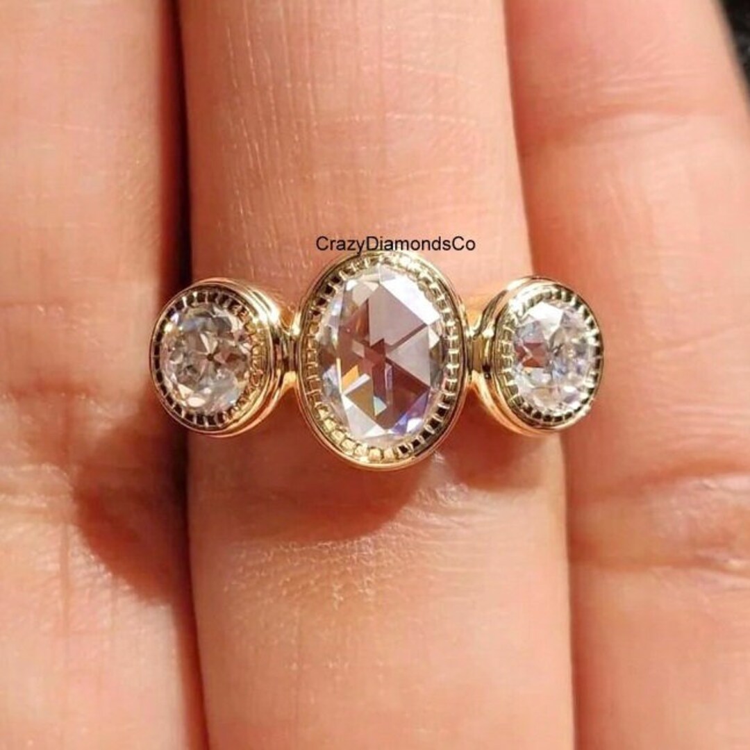 7X5 Mm Oval Rose Cut and Side Two 4mm Round Old European Cut Three ...