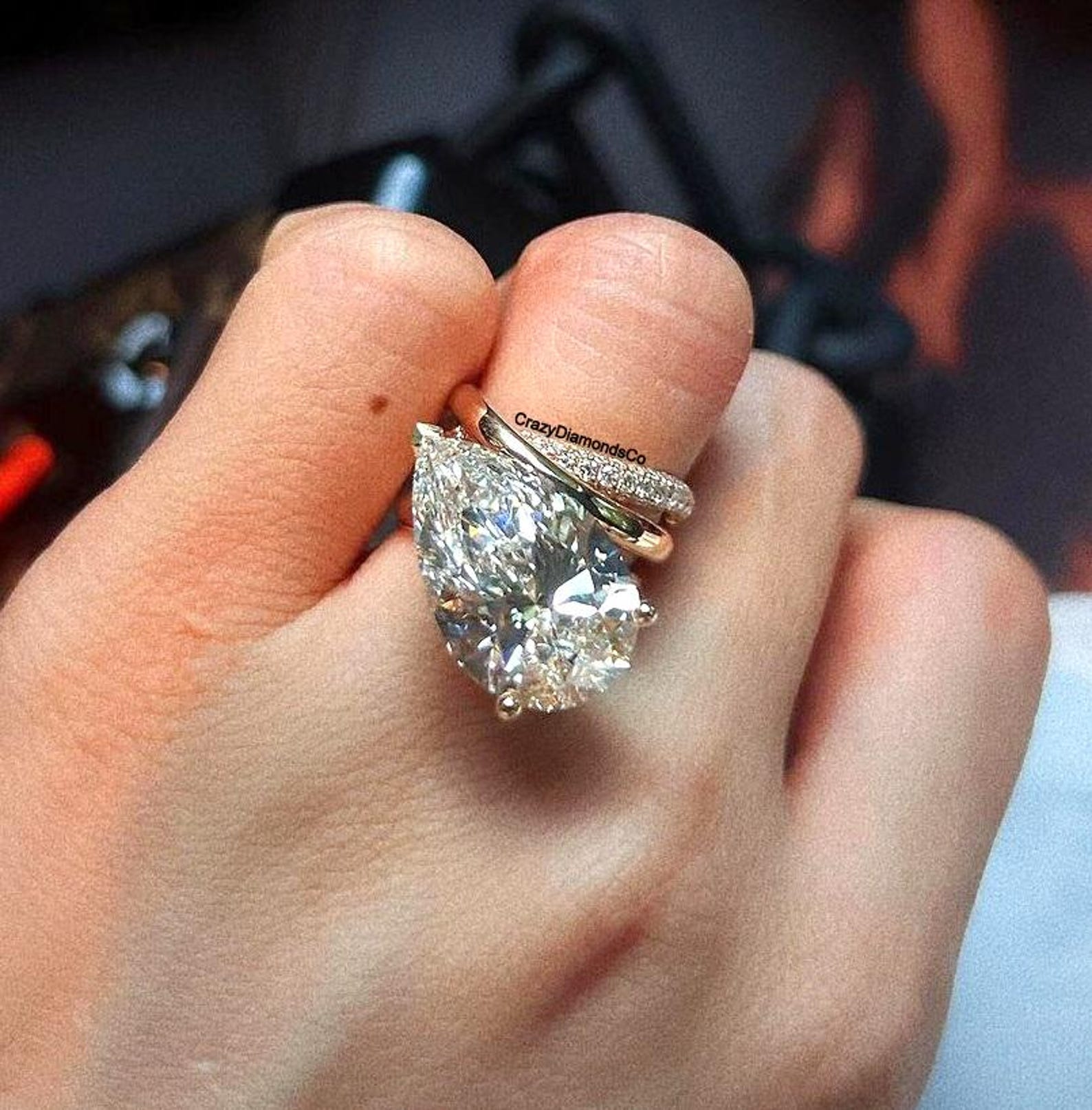 Diagonally Set Tear Drop Diamond Cross Over Bands Engagement Ring ...