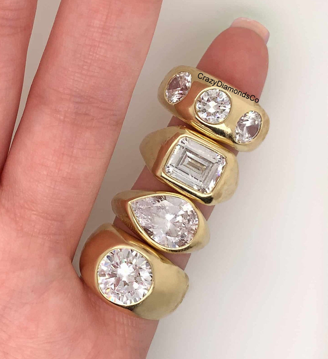 Gypsy Wide Band Ring, Flush Set Three Stone Round Cut Moissanite ...