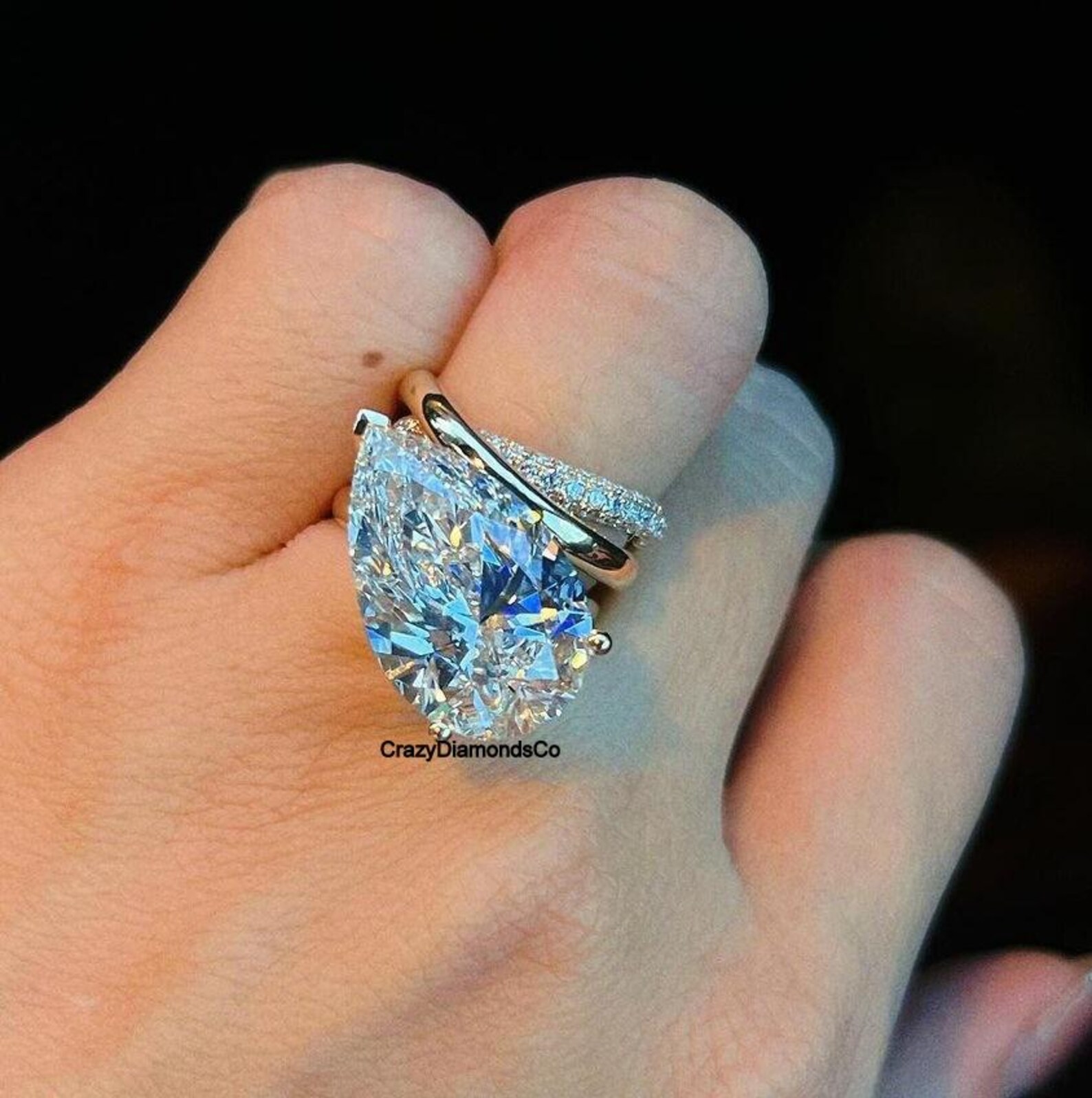 Diagonally Set Tear Drop Diamond Cross Over Bands Engagement Ring ...