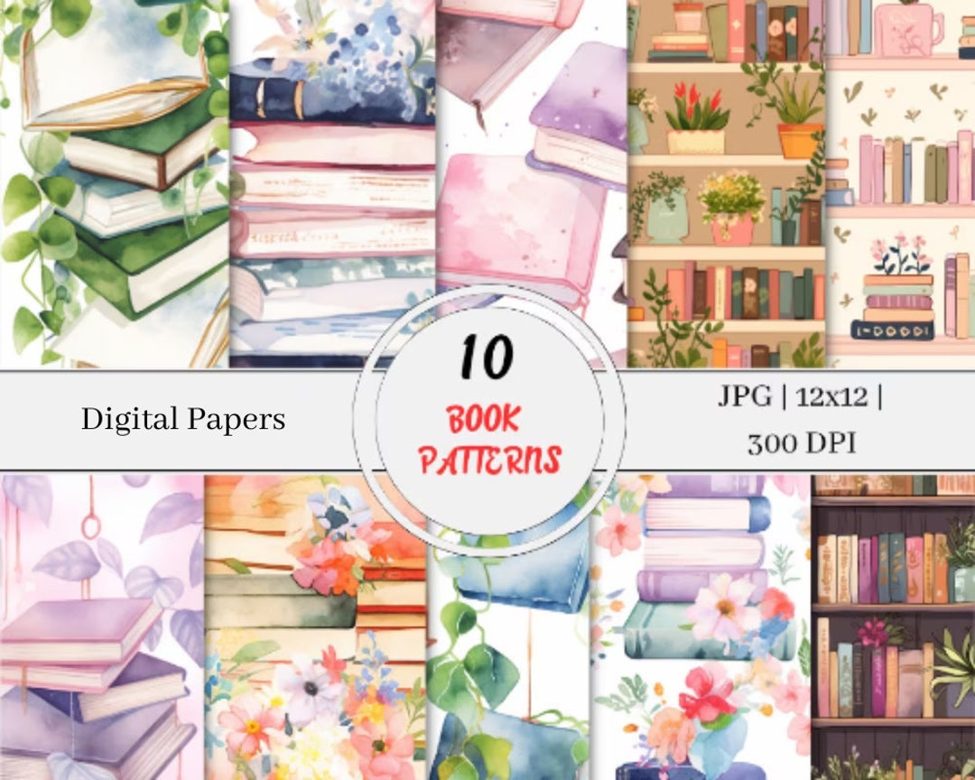 Books Digital Paper Pack Reading Library Pack of 10 Digital Scrapbook ...