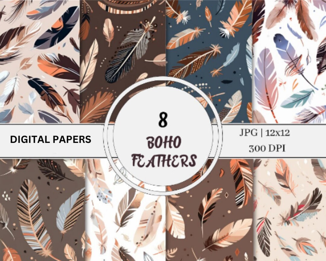 Boho Feathers Digital Paper Bohemian Backgrounds Boho Digital Pattern ...