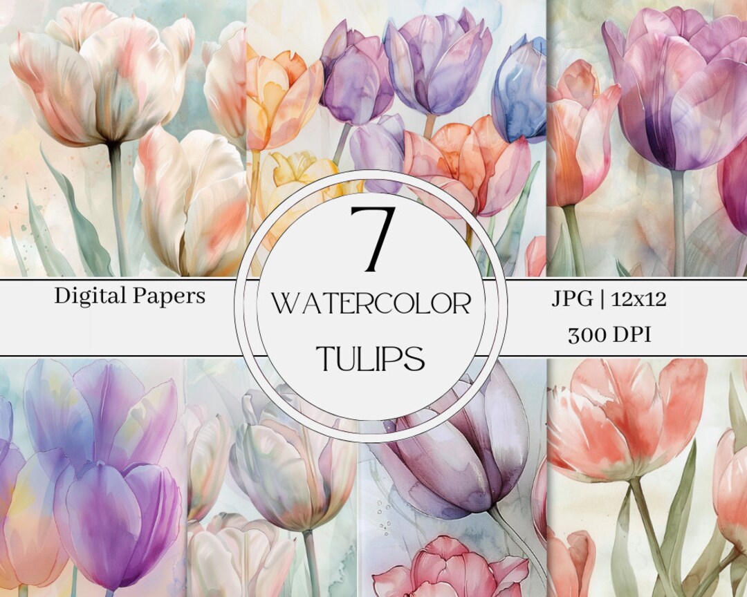 Tulip Digital Paper, Digital Watercolor Paper Watercolor Spring Flowers ...
