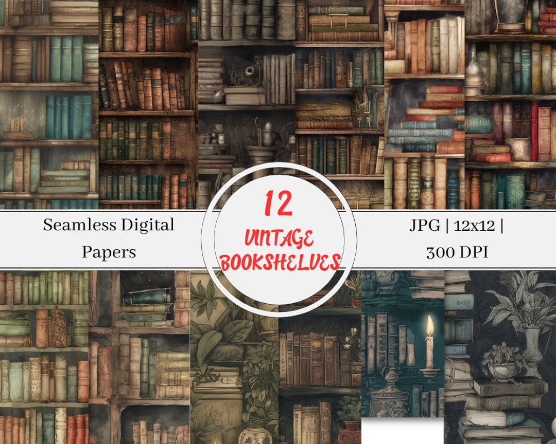 Vintage Bookshelves Pattern Digital Paper Reading Library Pack of 12 ...