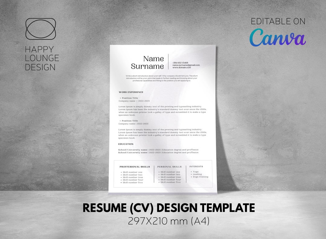 Simple A4 Resume Design Template, DIY Resume Template, Canva Resume ...