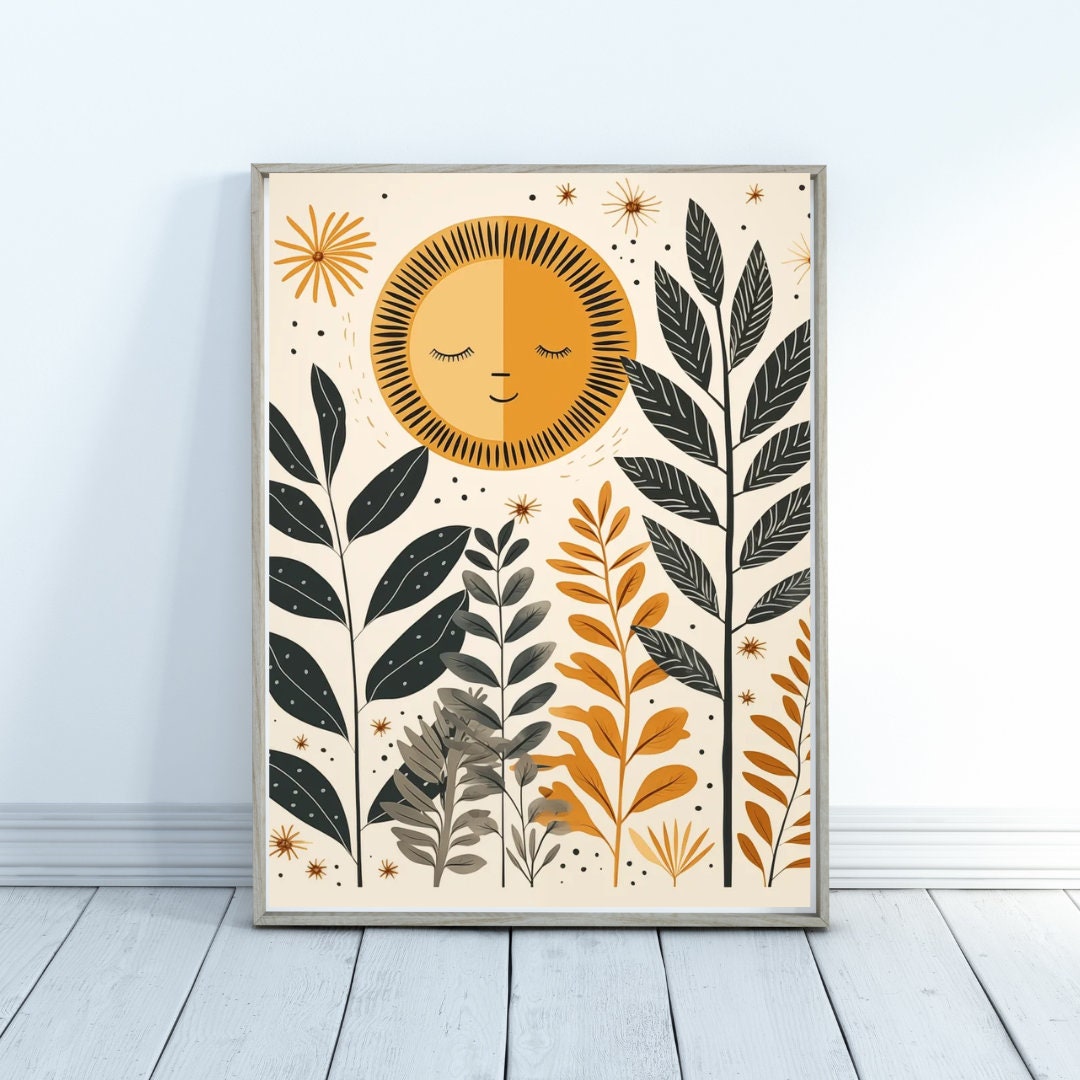 Mid Century Modern Sun and Moon Illustration Boho Digital Wall - Etsy