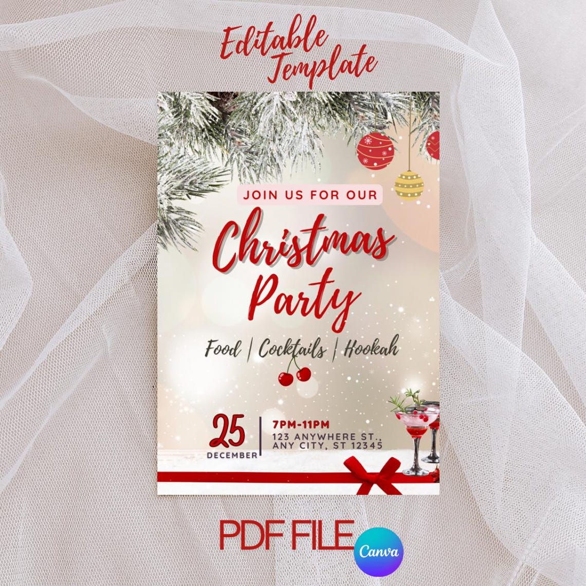 Christmas Party Editable Template Invitation, Holiday Dinner Party ...
