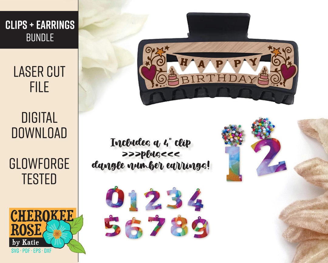 Happy Birthday Hair Clip & Number Earrings: Laser Cut File (PDF, SVG ...