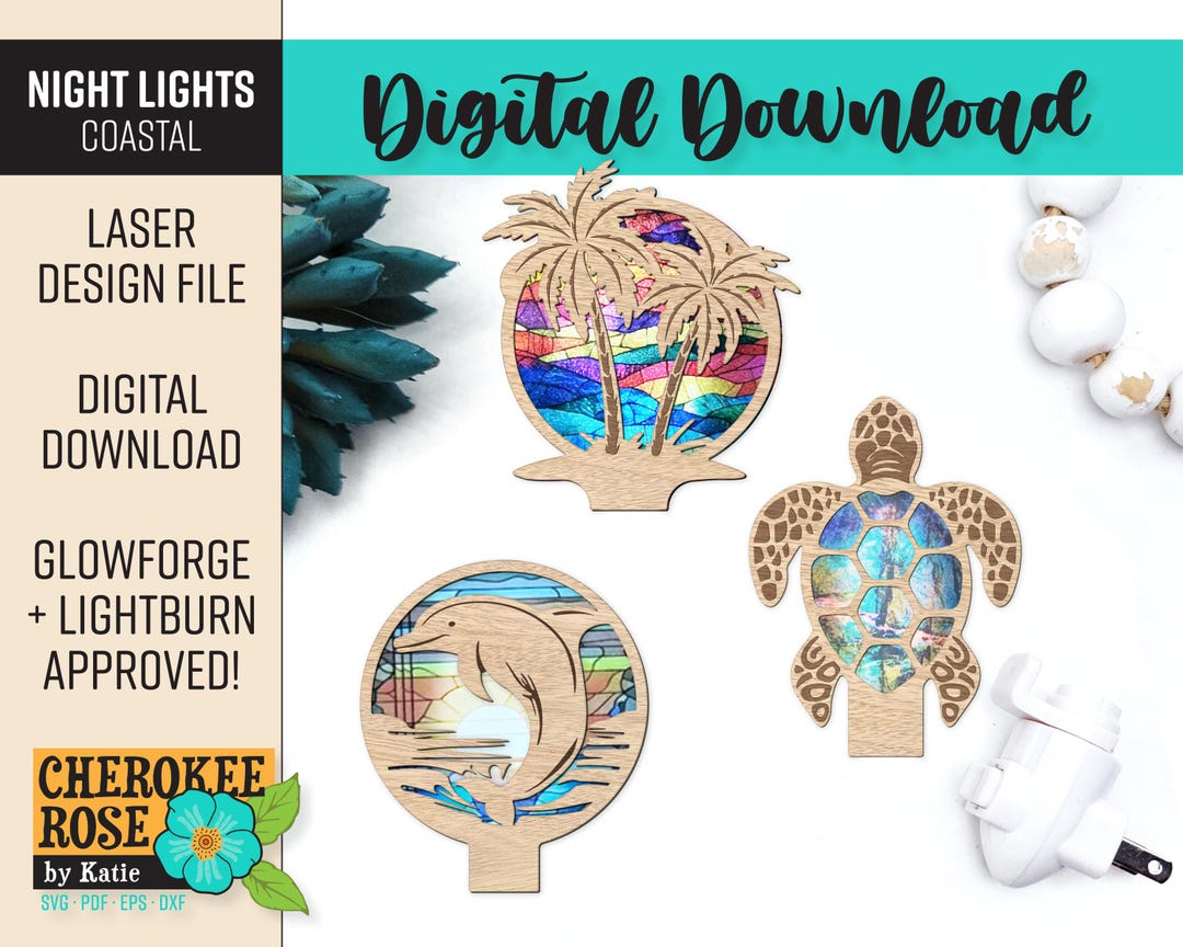 Coastal Night Light SVG Bundle: Beach, Sea Turtle, Dolphin (digital ...