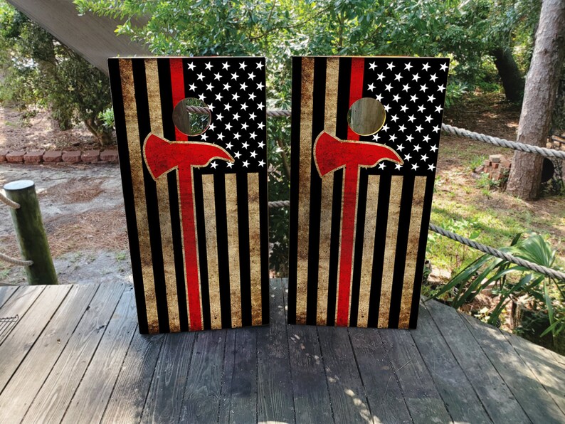 Thin Red Line, Axe, USA Flag, Firefighter Vinyl Laminated Cornhole ...