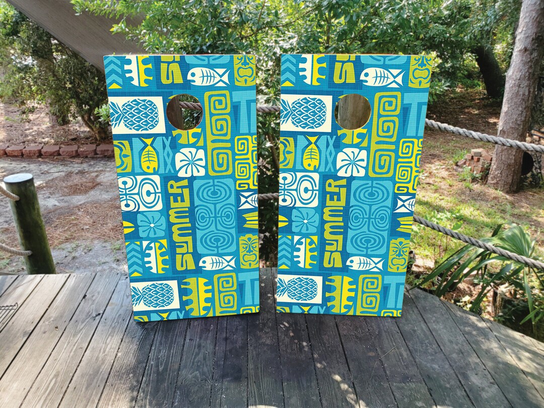 Funky Fish Bones Summer Vinyl Laminated Cornhole Board Wraps | Cornhole ...