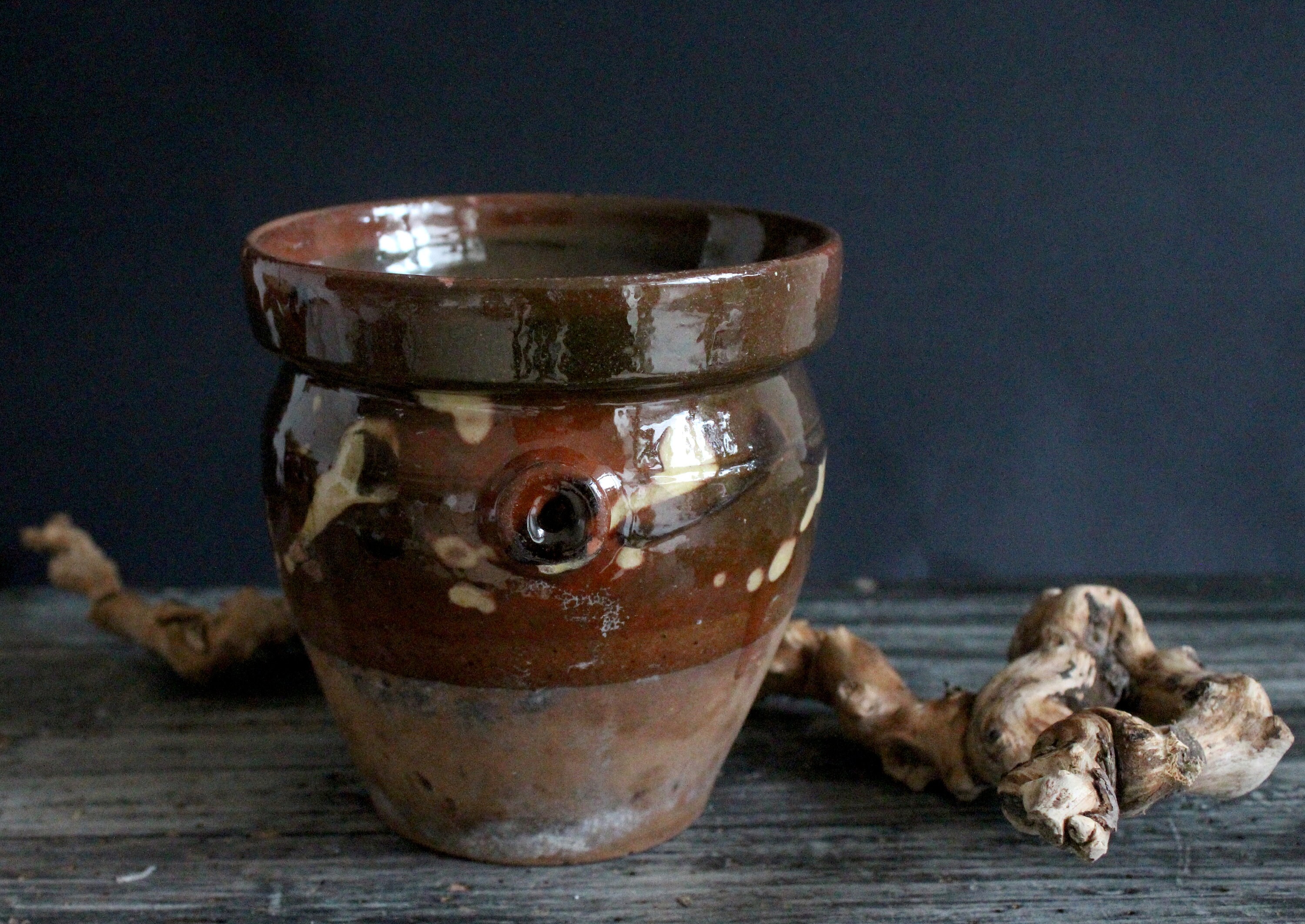 French Vintage Confit Pot, Dark Brown Glaze With Buttery Yellow ...