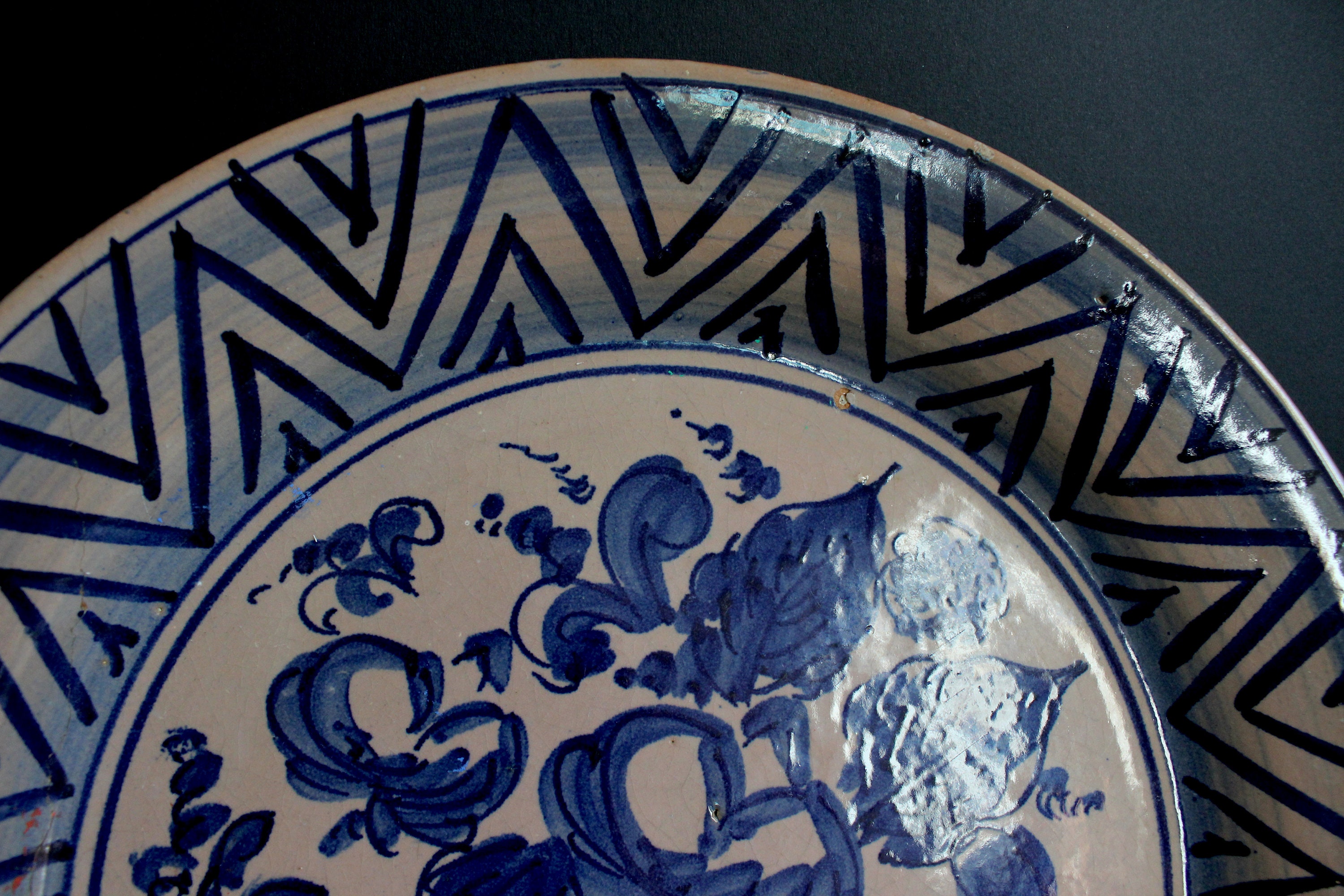 Italian Antique Blue Plate, Hand Painted With Leaf Designs, Rustic Wall ...