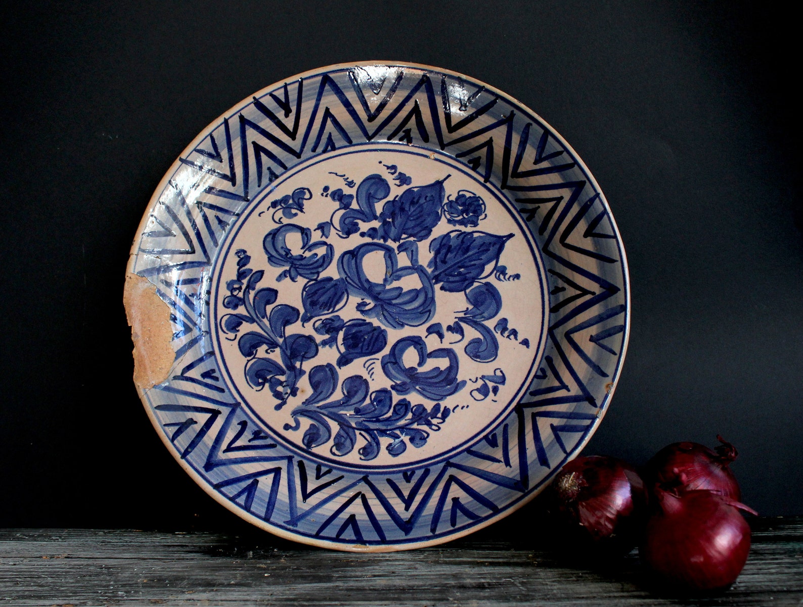 Italian Antique Blue Plate, Hand Painted With Leaf Designs, Rustic Wall ...