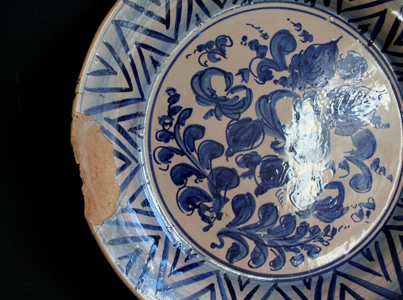 Italian Antique Blue Plate, Hand Painted With Leaf Designs, Rustic Wall ...