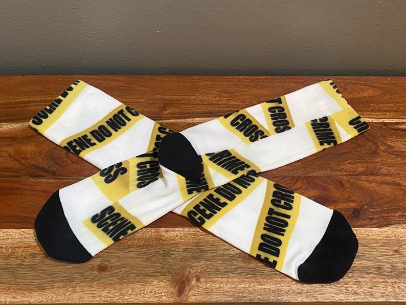 Print on Demand Crime Scene Tape Cushioned Crew Socks Crime Scene ...