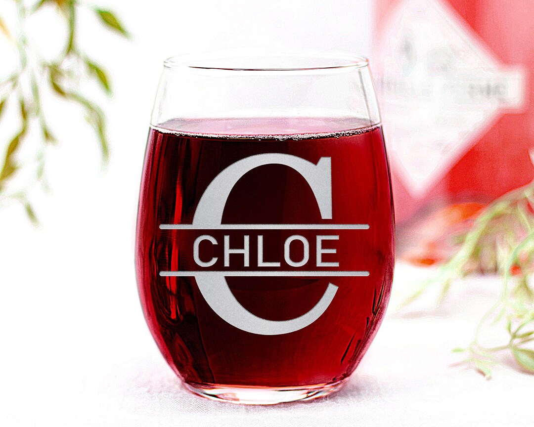 Custom Monogram Name First Letter Engraved Etched Stemless Wine Glass ...