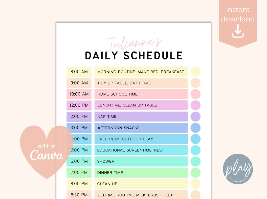 Rainbow Pastel Kids Daily Schedule Checklist Personalized Printable ...